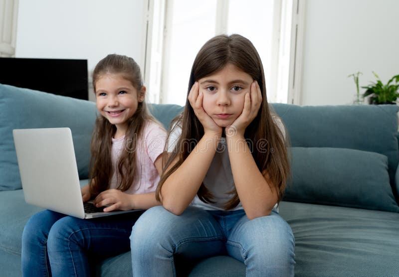 Young Little Girl Using Laptop Ignoring Her Angry Sad Lonely Old Stock ...