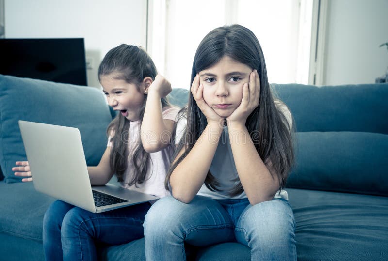 Young Little Girl Using Laptop Ignoring Her Angry Sad Lonely Old Stock ...