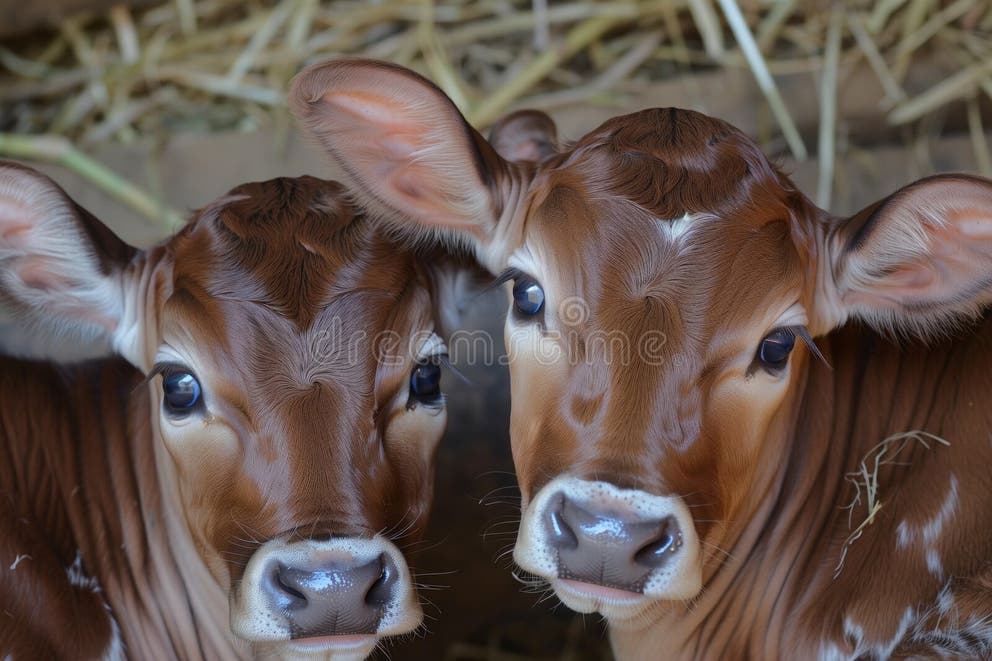 Sibling Calves with Matching Eye Patterns Side by Side Stock Image ...