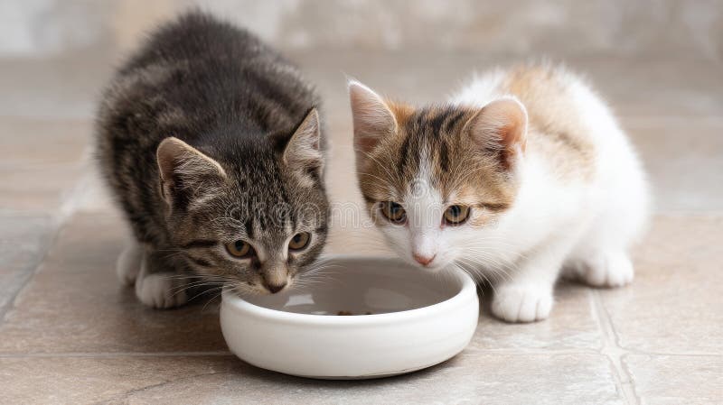 Two Kittens are Sharing a Meal from a White Bowl on a Tiled Floor ...
