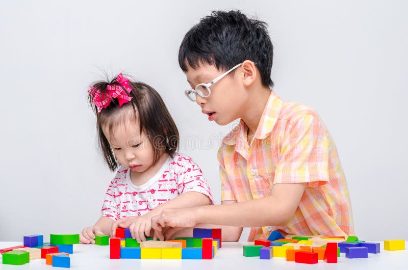 Sibling Play Block Together at Home Stock Image - Image of game, block ...