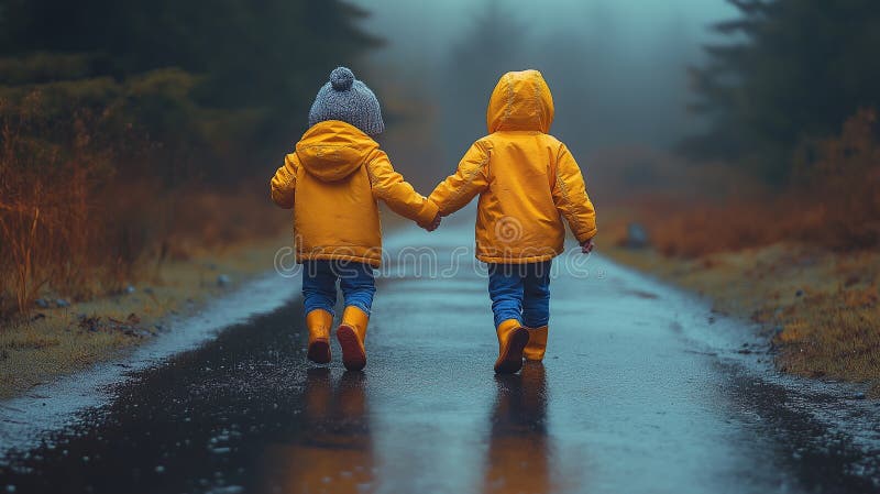 Siblings Holding Hands and Running on Road Stock Illustration ...