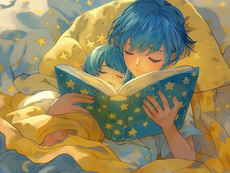 Siblings Reading a Starry Book in Bed Stock Image - Image of gentle ...