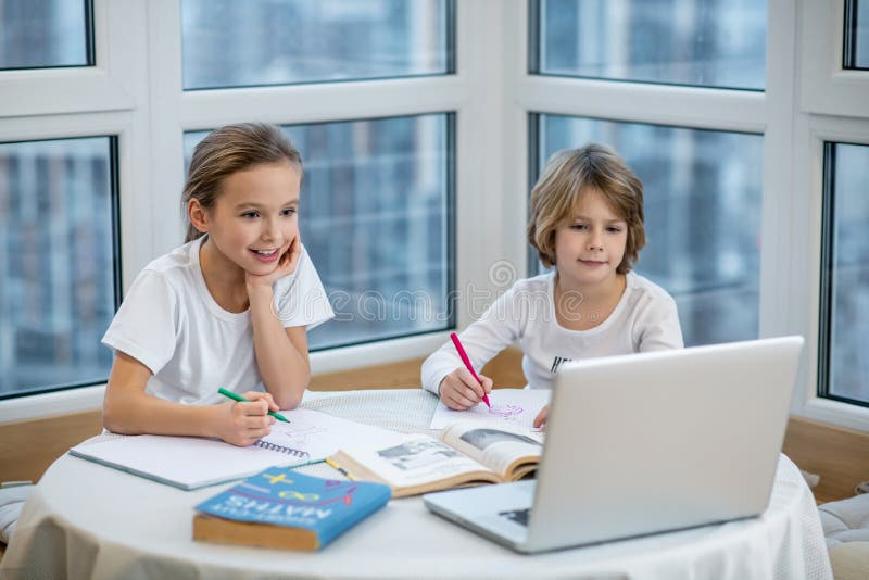 Siblings Studying at Home and Doing Lessons Together Stock Photo ...