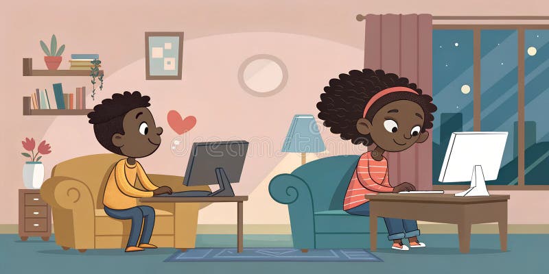 Siblings Using Computers in Cozy Living Room. Cartoon Illustration of ...
