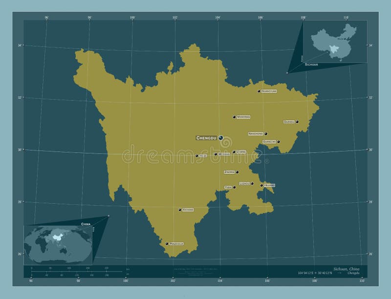 Sichuan, China. Solid. Labelled Points of Cities Stock Illustration ...