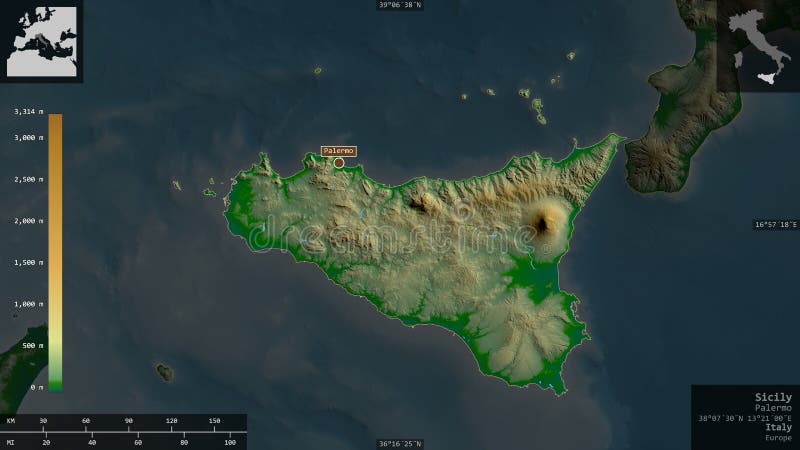 Sicily, Italy - Outlined. Physical Stock Illustration - Illustration of ...