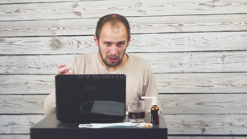 Sick Beard Man Coughing, Sitting at Workplace with Computer. Stock ...