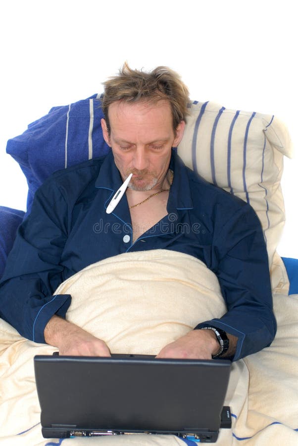 Workaholic, Sick in Bed with Laptop. Stock Image - Image of blanket ...