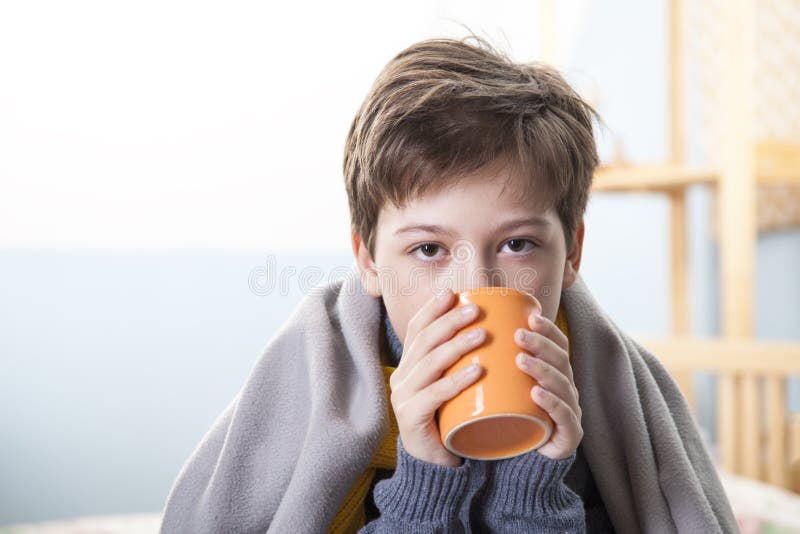 Sick Boy with a Cup of Tea at Home Stock Image - Image of medicine ...