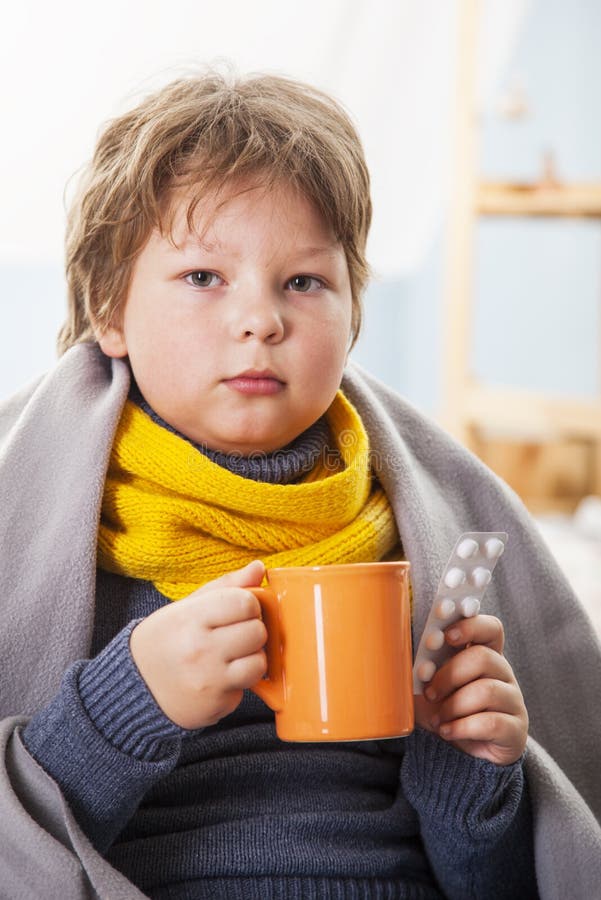 Sick Boy with a Cup of Tea at Home Stock Photo - Image of home, baby ...
