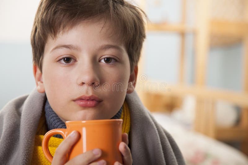 Sick Boy with a Cup of Tea at Home Stock Photo - Image of patient ...