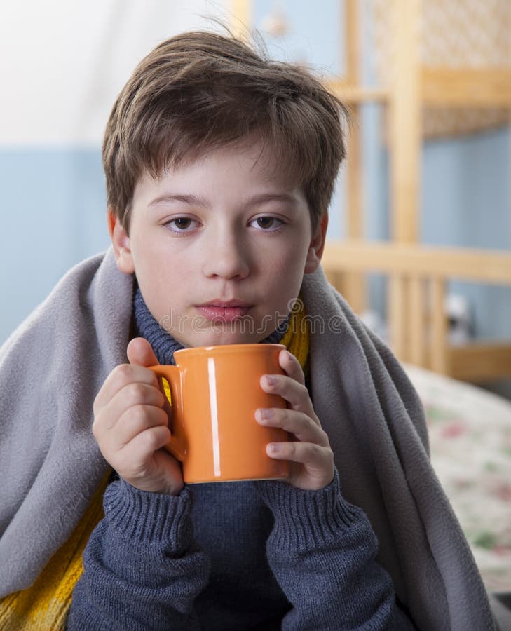 Sick Boy with a Cup of Tea at Home, Flu Virus Stock Photo - Image of ...