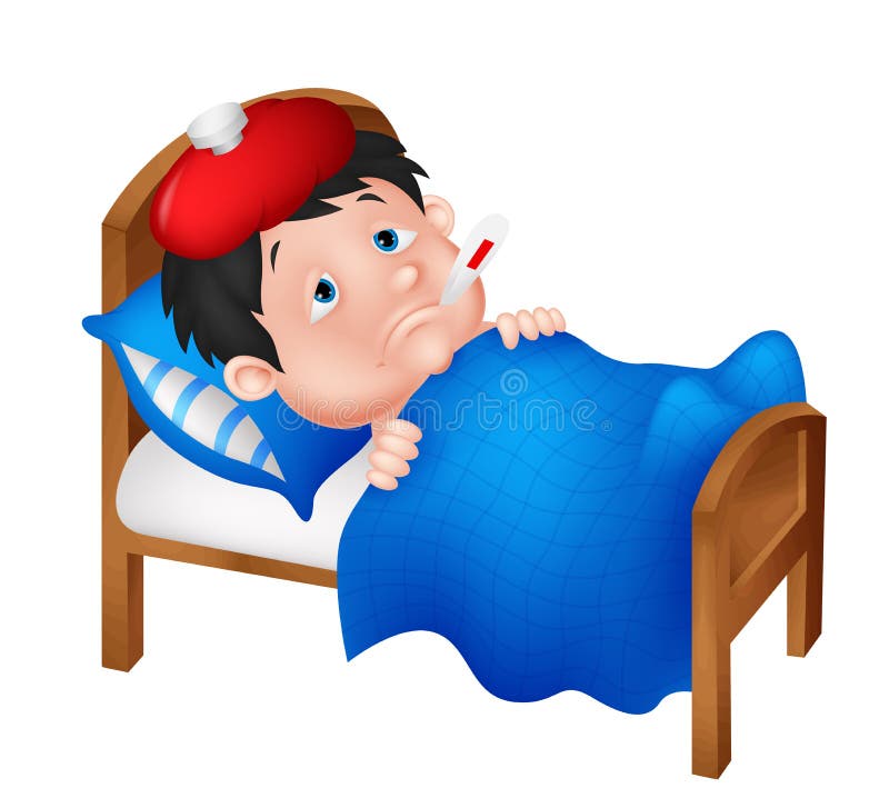 Sick Boy Lying in Bed Ill Cold Flu Disease Illness Virus Cartoon Male ...