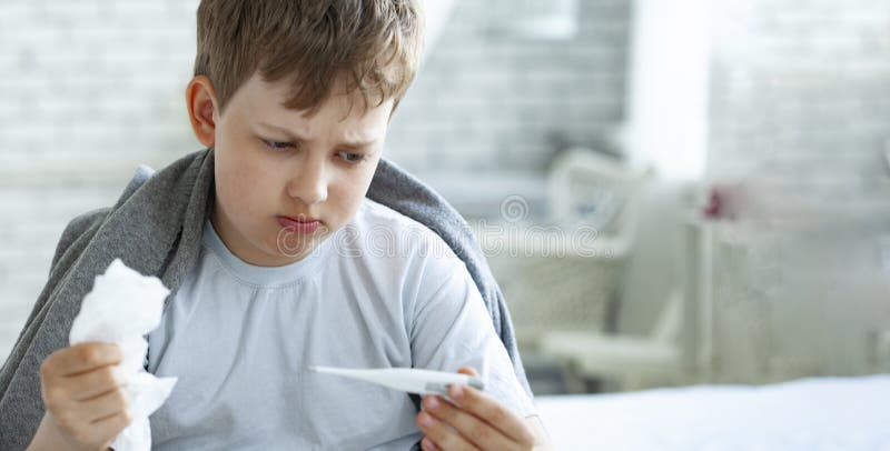 Sick Boy Measures the Temperature at Badroom Stock Photo - Image of ...