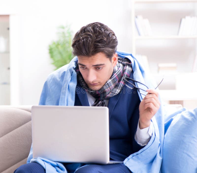 Sick Businessman Working from Home Due To Flu Sickness Stock Photo ...