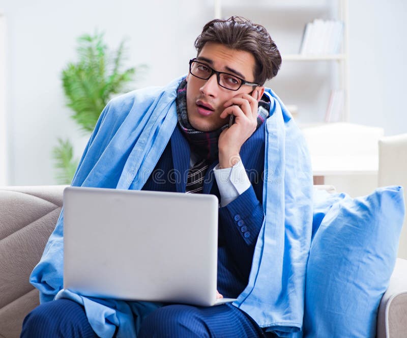 Sick Businessman Working from Home Due To Flu Sickness Stock Image ...