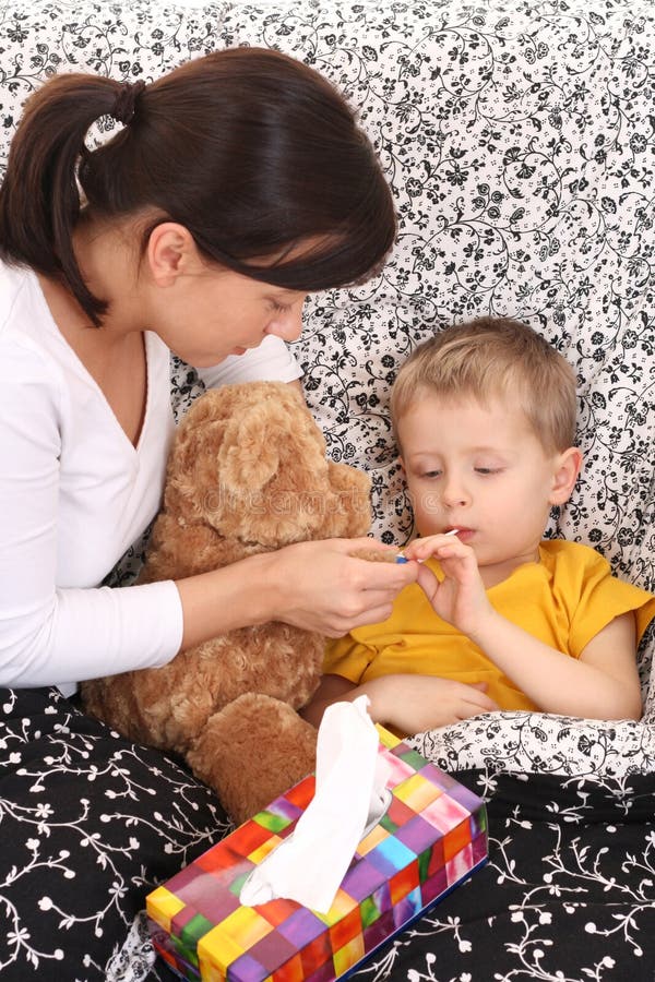 Sick Child Boy Lying in Bed with a Fever, Resting Stock Image - Image ...