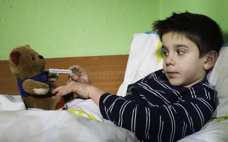 Sick Child in Bed with Teddy Bear Stock Image - Image of person, child ...