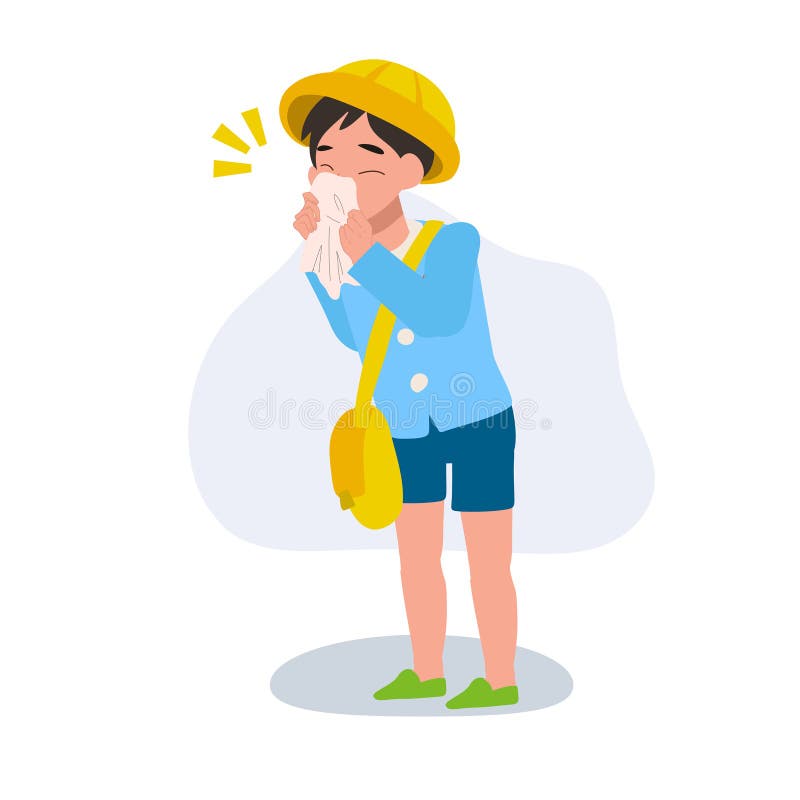 Sick Child with Cold in Kindergarten Uniform Blowing Nose with Tissue ...