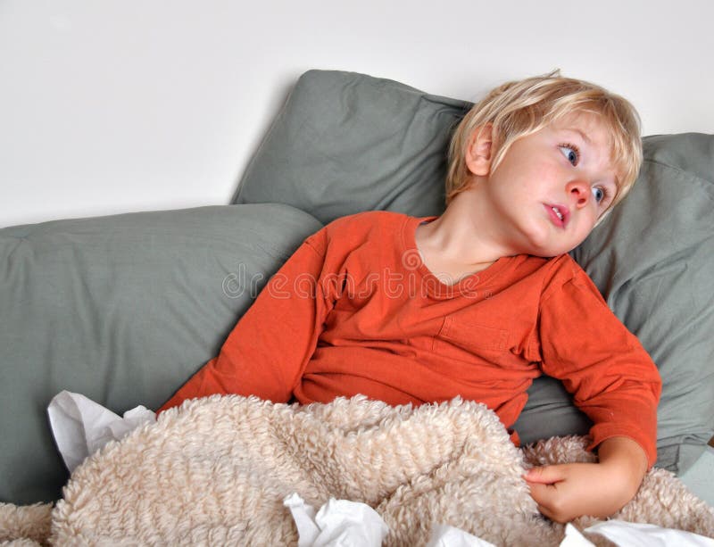 Sick Child Lying in Bed Suffering from Fever Stock Photo - Image of ...