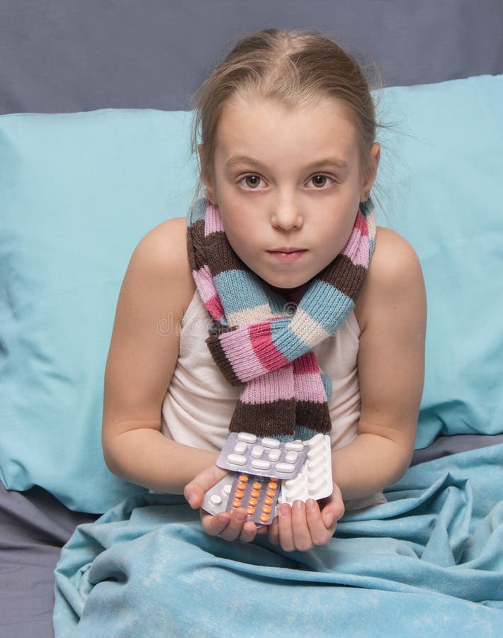 Sick Child with Pills in Hand Stock Image - Image of chill ...