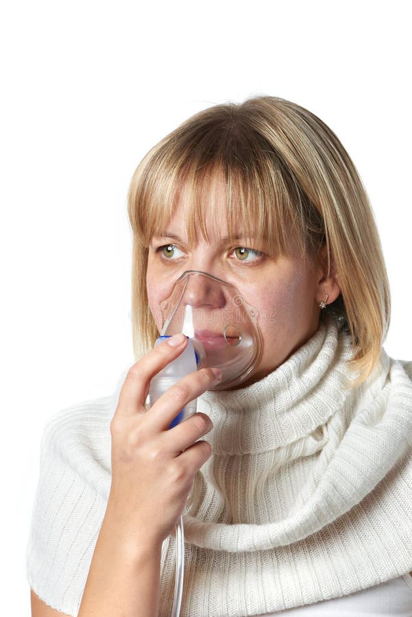 Sick Cough Woman Using Inhaler Mask Isolated Stock Image - Image of ...