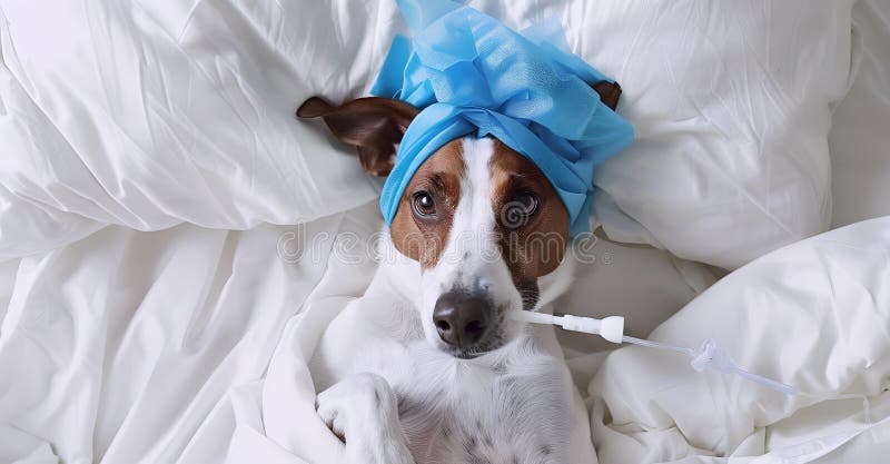 Sick Dog with Ice Pack and Thermometer Lying in Bed Stock Illustration ...