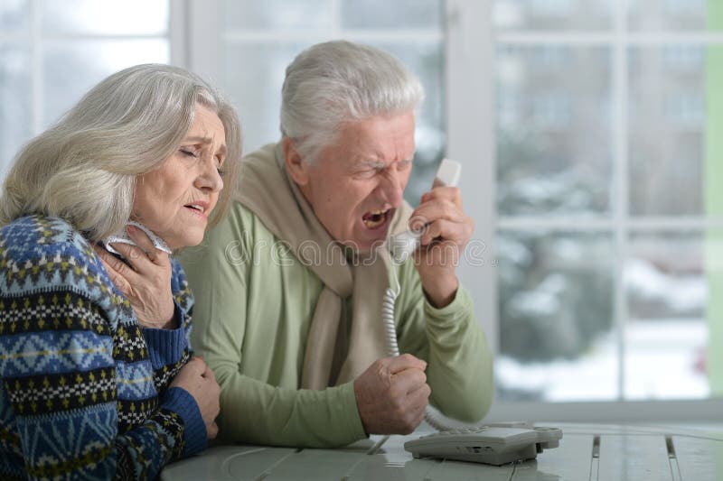 Sick Elderly Couple with Phone Stock Photo - Image of hair, asthma ...