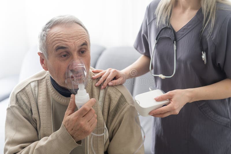 Sick Elderly Man Makes Inhalation. Stock Photo - Image of taking ...