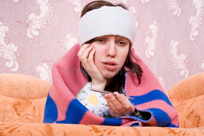 Sick Girl with a Thermometer at Home Stock Photo - Image of medical ...