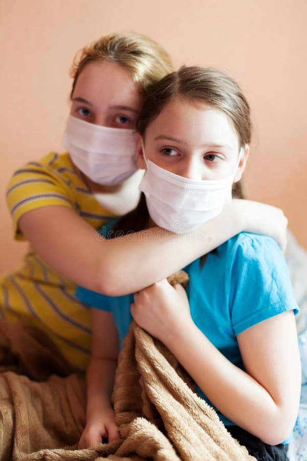 Sick Girls in Masks at Home Stock Image - Image of face, cold: 181265949