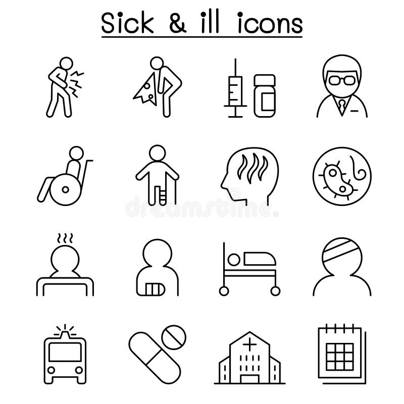 Sick & Ill Icon Set in Thin Line Style Stock Vector - Illustration of ...