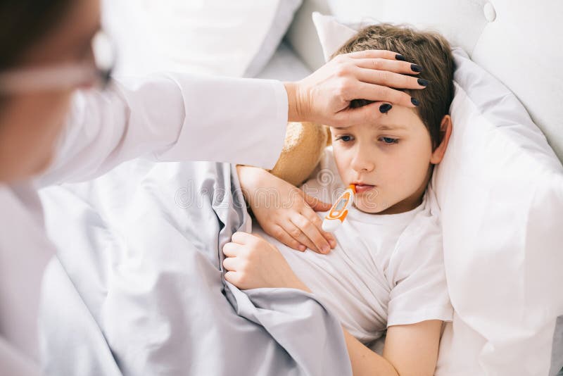 Sick Little Child with Temperature in Bed. Stock Photo - Image of child ...