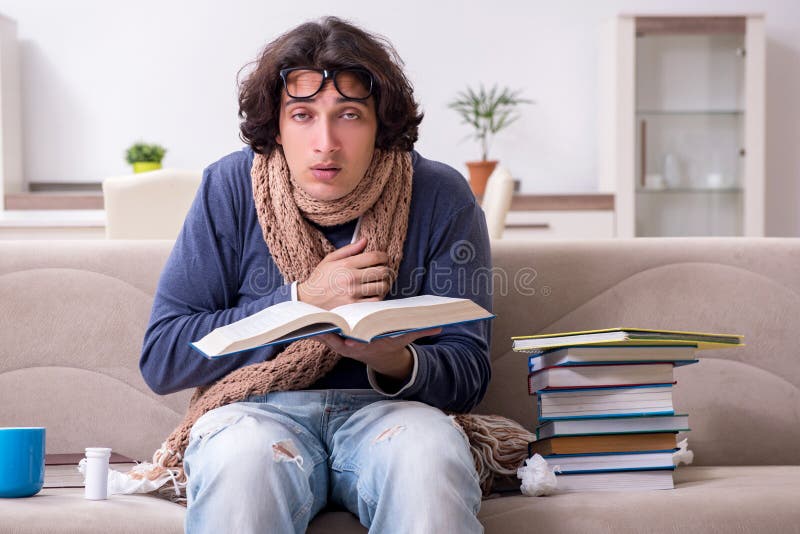 Sick Male Student Suffering at Home Stock Image - Image of book ...
