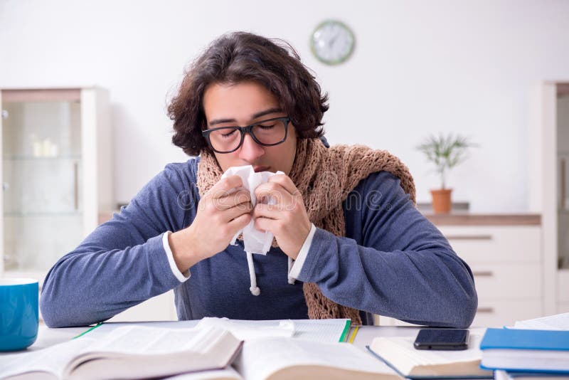 Sick Male Student Suffering at Home Stock Photo - Image of preparing ...