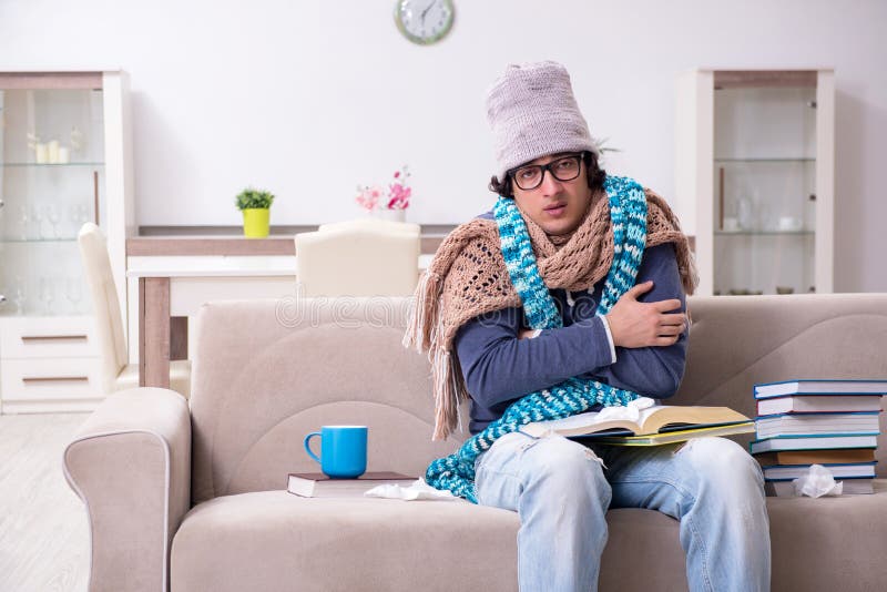 Sick Male Student Suffering at Home Stock Photo - Image of nose, cold ...
