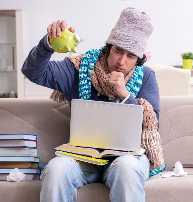 Sick Male Student Suffering at Home Stock Photo - Image of money ...