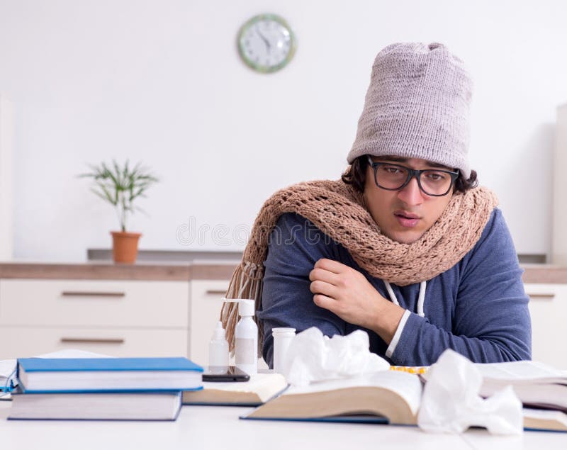 Sick Male Student Suffering at Home Stock Photo - Image of book, exam ...