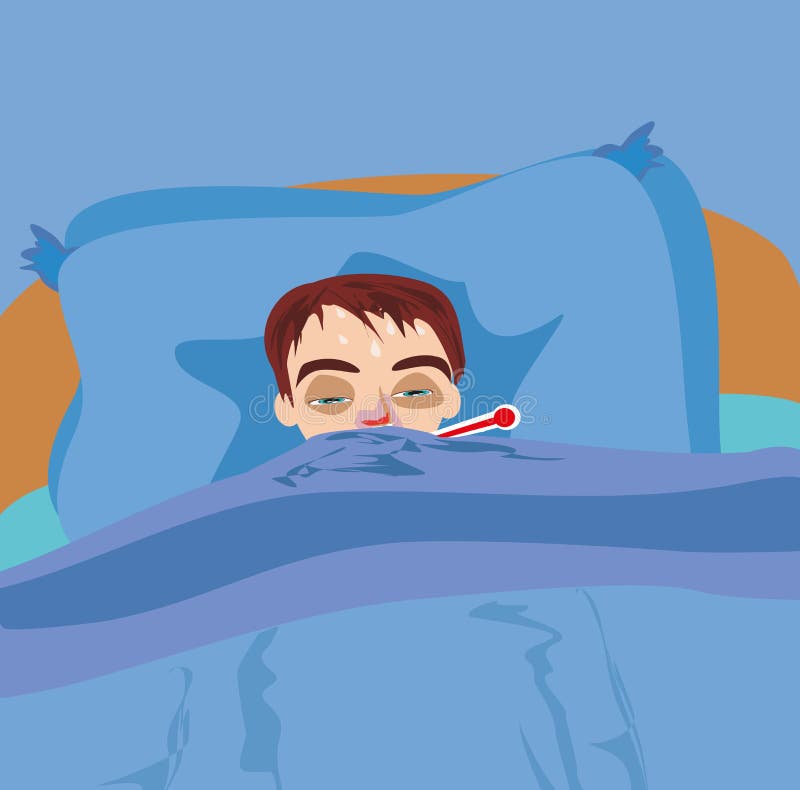 Sick man in bed with fever stock vector. Illustration of laying - 129527492