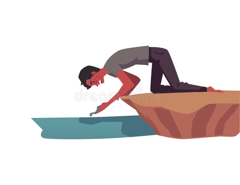 Sick Man with Dehydration Drinking Water from Puddle, Flat Vector ...