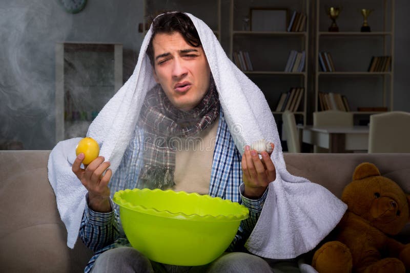 The Sick Man Doing Inhalation at Night in Home Stock Image - Image of ...