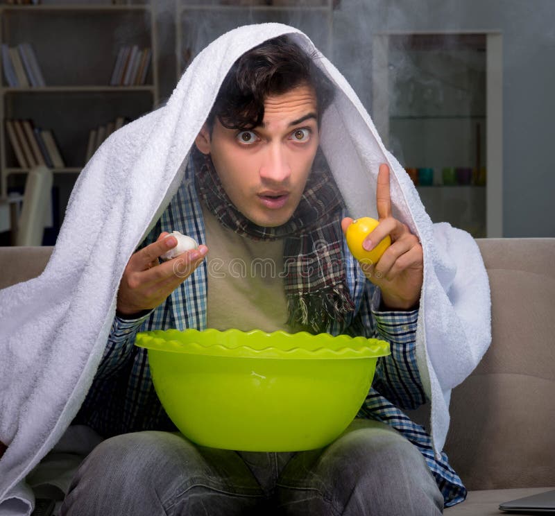 Sick Man Doing Inhalation at Night in Home Stock Image - Image of ...