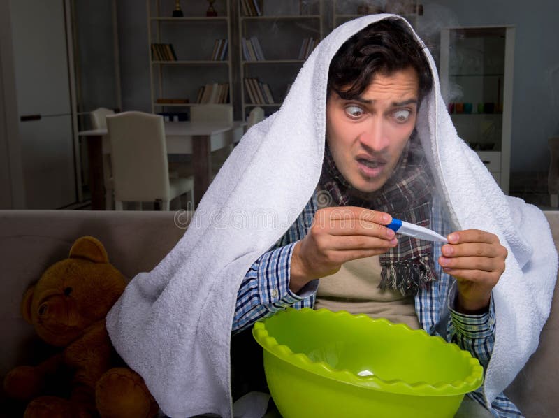 Sick Man Doing Inhalation at Night in Home Stock Photo - Image of ...