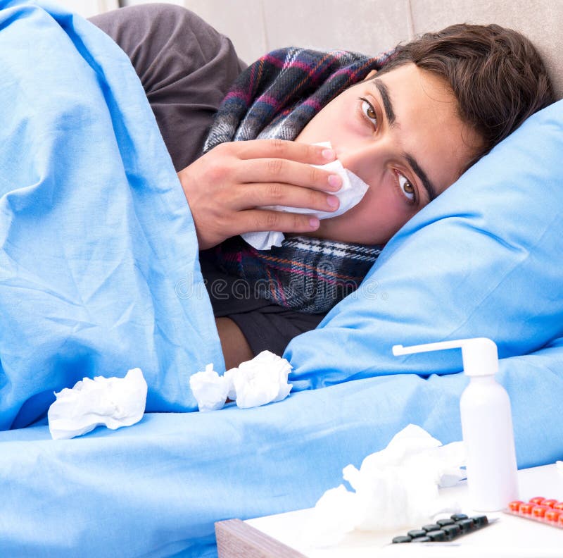 Sick Man with Flu Lying in the Bed Stock Image - Image of care, cold ...
