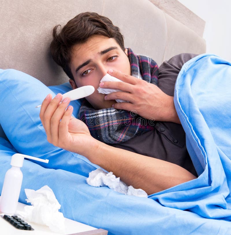 Sick Man Lying in Bed Suffering Cold and Winter Flu Virus Having ...