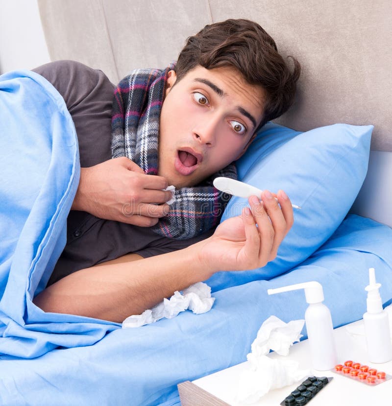 Sick Man Lying in Bed Suffering Cold and Winter Flu Virus Having ...