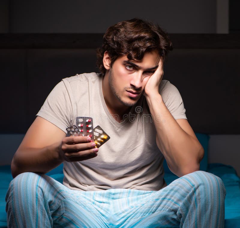 Sick Man in His Bed with Medicines Stock Image - Image of headache ...