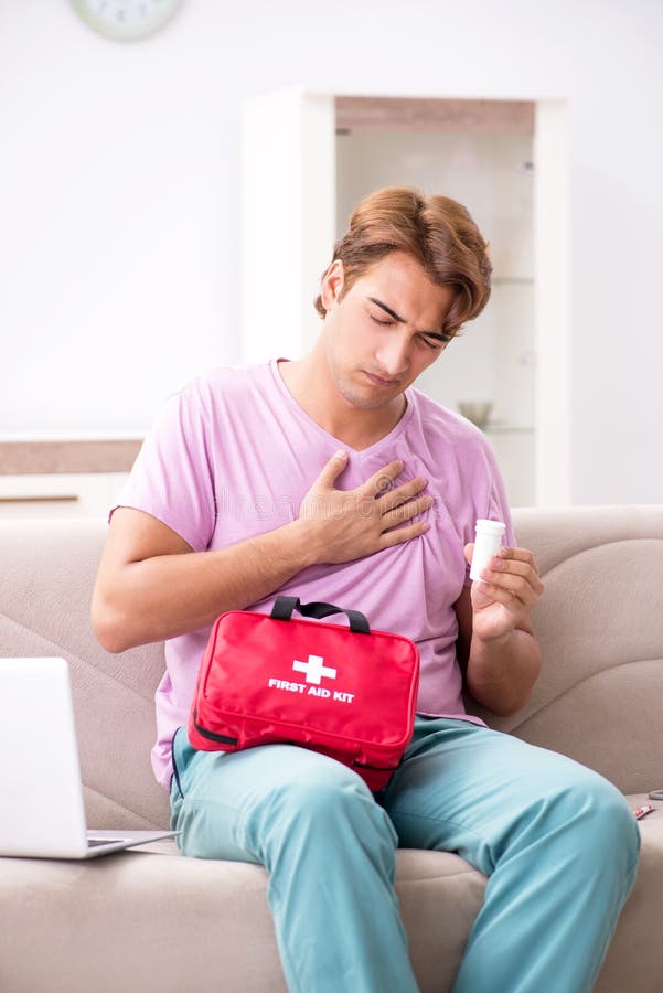 The Sick Man at Home with First Aid Kit Stock Image - Image of heart ...