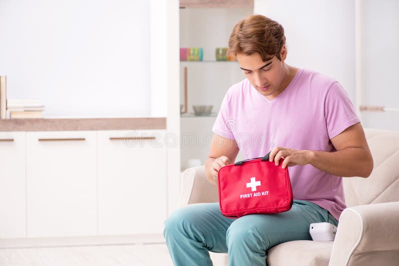 The Sick Man at Home with First Aid Kit Stock Image - Image of help ...